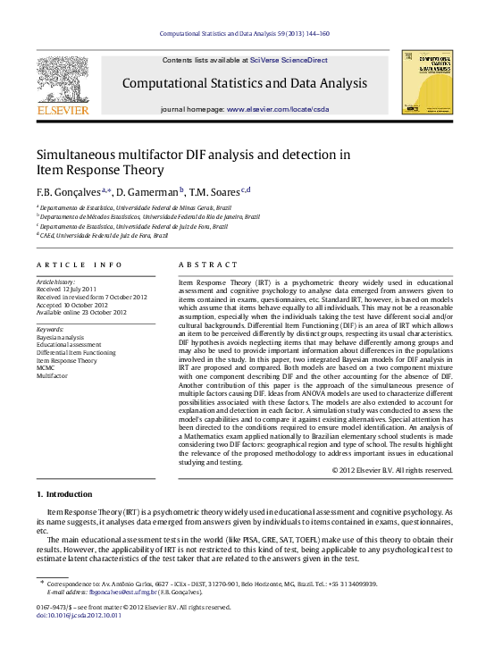 Pdf Simultaneous Multifactor Dif Analysis And Detection In Item Response Theory