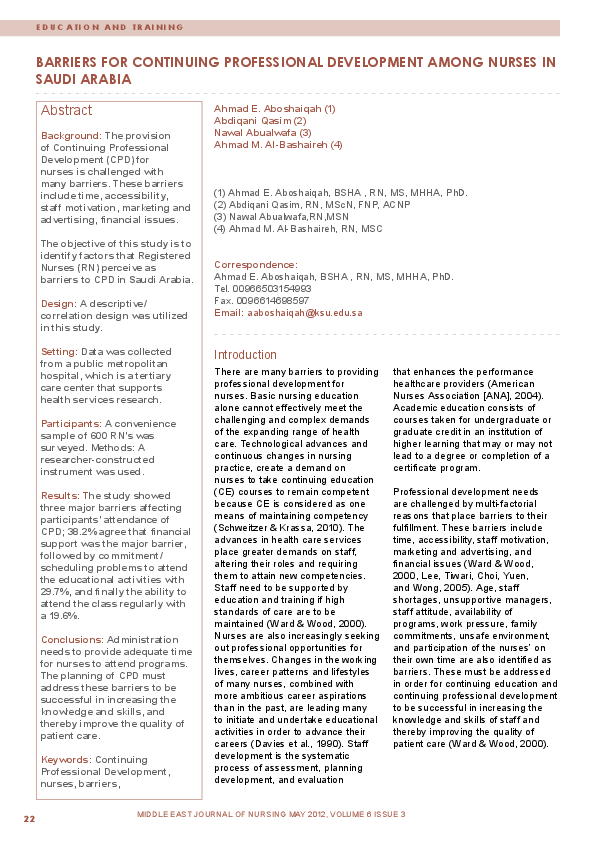 (PDF) Barriers for Continuing Professional Development among Nurses in ...