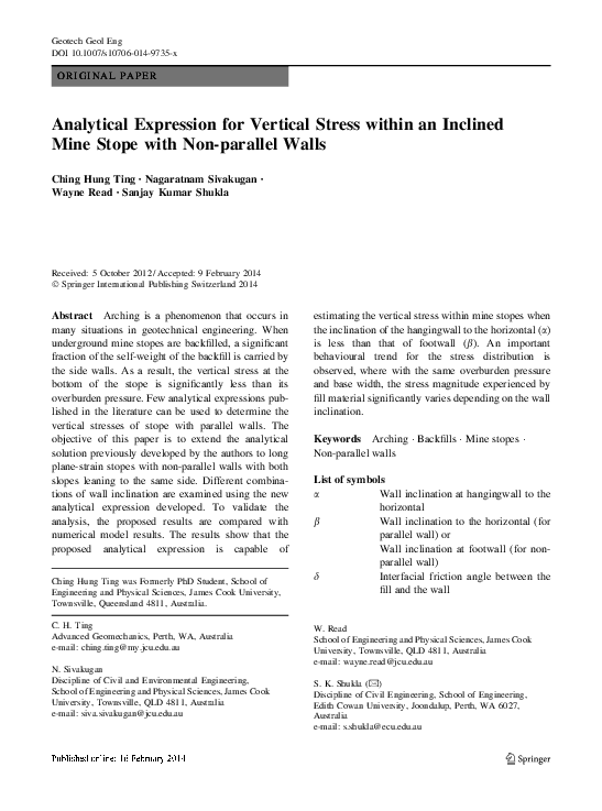 (PDF) Vertical Stress in Inclined Mine Stopes