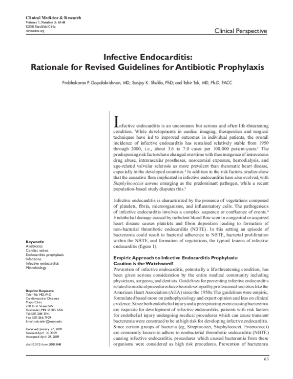 Infective Endocarditis: Rationale for Revised Guidelines for Antibiotic ...