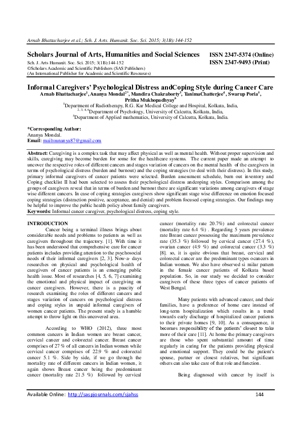 (PDF) Informal Caregivers' Psychological Distress andCoping Style during Cancer Care