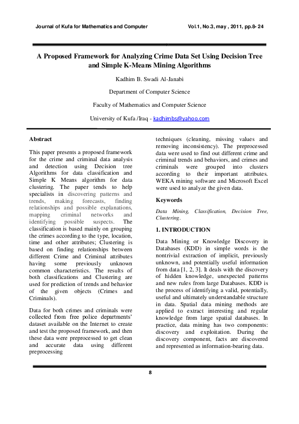 (PDF) A Proposed Framework for Analyzing Crime Data Set Using Decision Tree and Simple K-Means ...