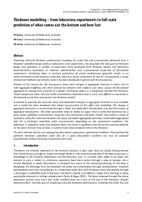 (PDF) Thickener modelling - from laboratory experiments to full-scale ...