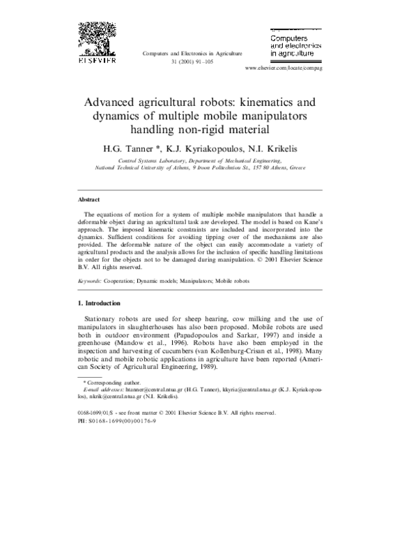 (PDF) Advanced agricultural robots: kinematics and dynamics of multiple mobile manipulators ...