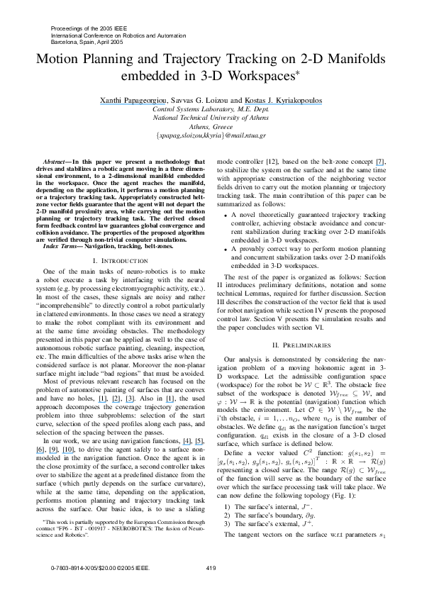(PDF) Motion planning and trajectory tracking on 2-D manifolds embedded in 3-D workspaces
