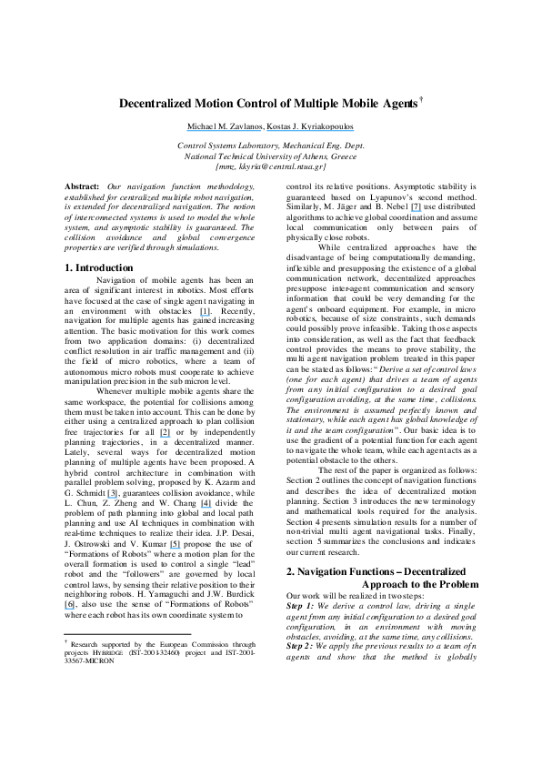 (PDF) Decentralized Motion Control of Multiple Mobile Agents