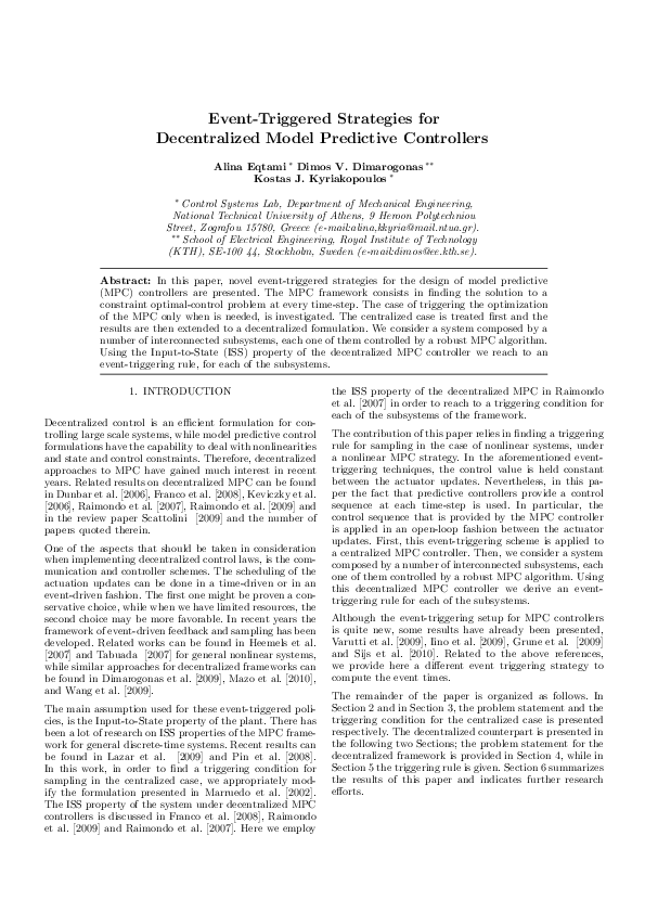 (PDF) Event-Triggered Strategies for Decentralized Model Predictive Controllers