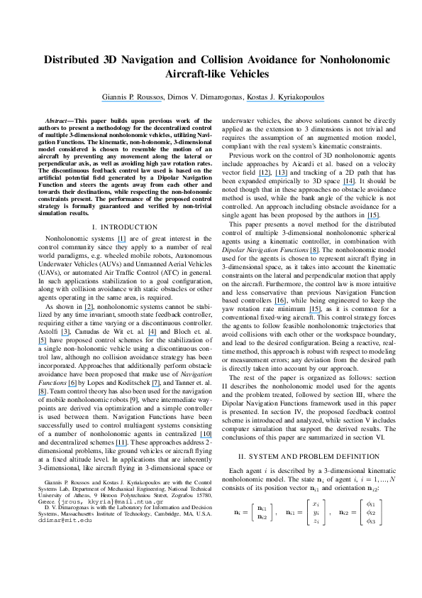 (PDF) Distributed 3D navigation and collision avoidance for nonholonomic aircraft-like vehicles