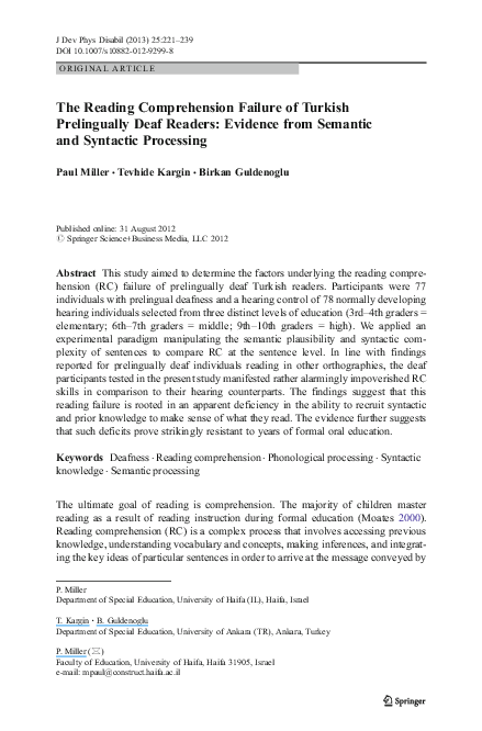 (PDF) The Reading Comprehension Failure of Turkish Prelingually Deaf Readers: Evidence from ...