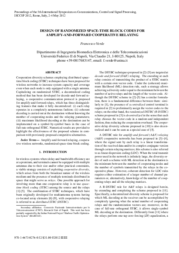 Pdf Design Of Randomized Space Time Block Codes For Amplify And Forward Cooperative Relaying