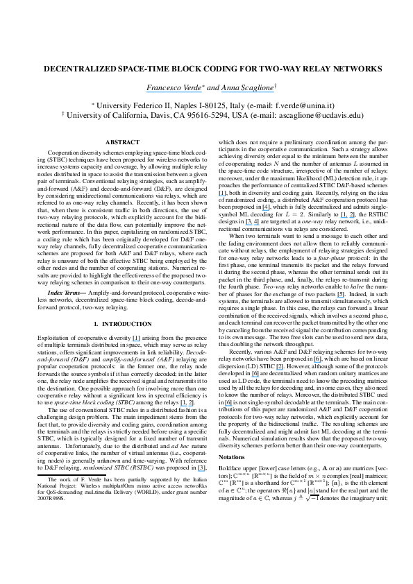 Pdf Decentralized Space Time Block Coding For Two Way Relay Networks 1921