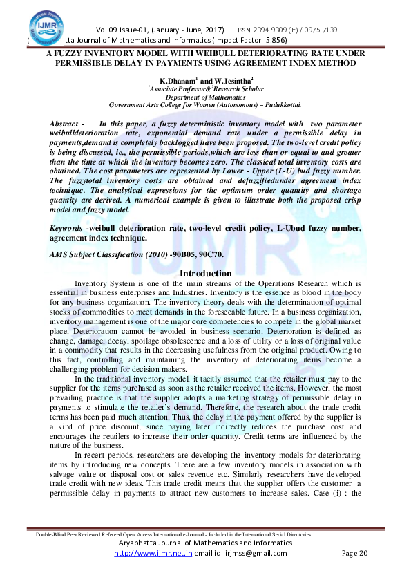 Pdf A Fuzzy Inventory Model With Weibull Deteriorating Rate Under Permissible Delay In