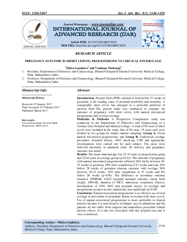 (PDF) PREGNANCY OUTCOME IN SHORT CERVIX: PROGESTERONE VS CERVICAL ...