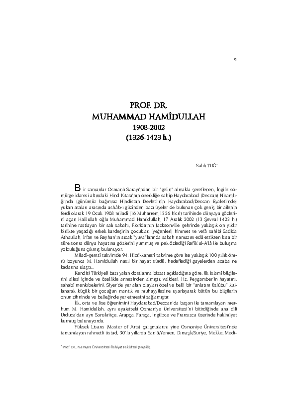 (PDF) marife.2002_3. PROF. DR. MUHAMMAD HAMİDULLAH, Salih Tuğ