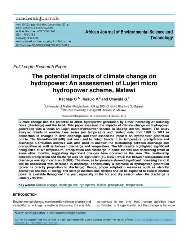 (PDF) The potential impacts of climate change on hydropower: An ...