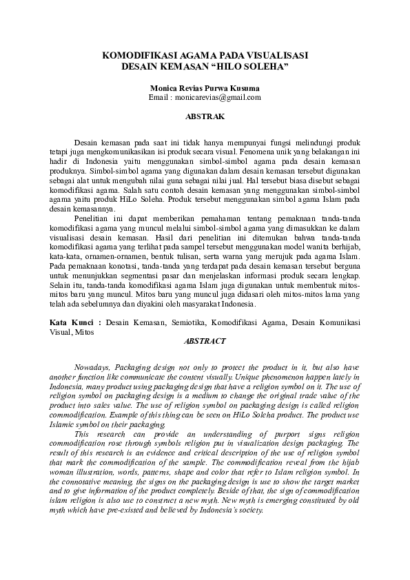 (DOC) KOMODIFIKASI AGAMA PADA VISUALISASI DESAIN KEMASAN " HILO SOLEHA