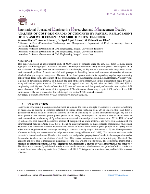 (PDF) ANALYSIS OF COST (M30 GRADE) OF CONCRETE BY PARTIAL REPLACEMENT ...