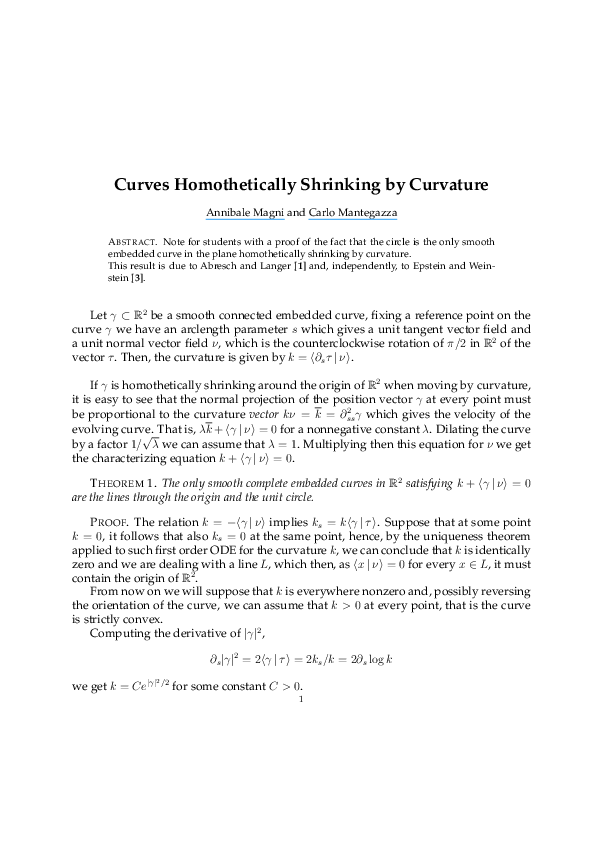 (PDF) Curves Homothetically Shrinking by Curvature