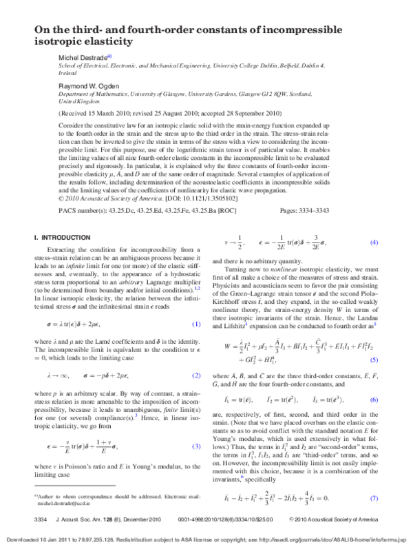 Pdf Fourth Order Constants In Isotropic Elasticity