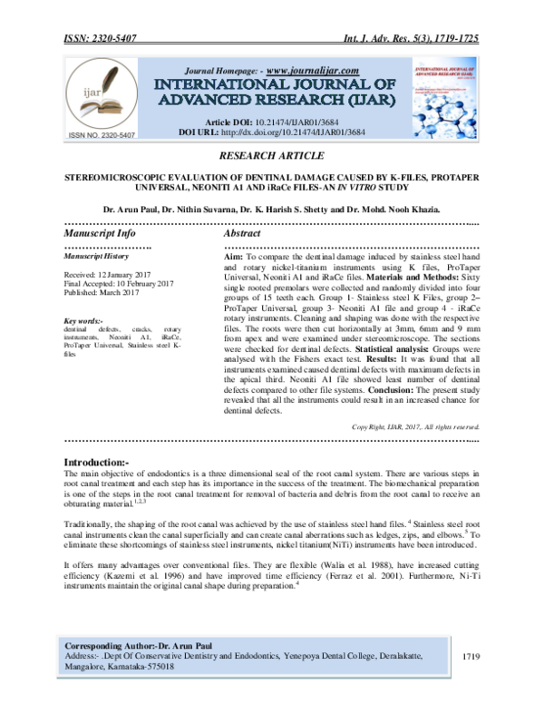 (PDF) STEREOMICROSCOPIC EVALUATION OF DENTINAL DAMAGE CAUSED BY K-FILES ...