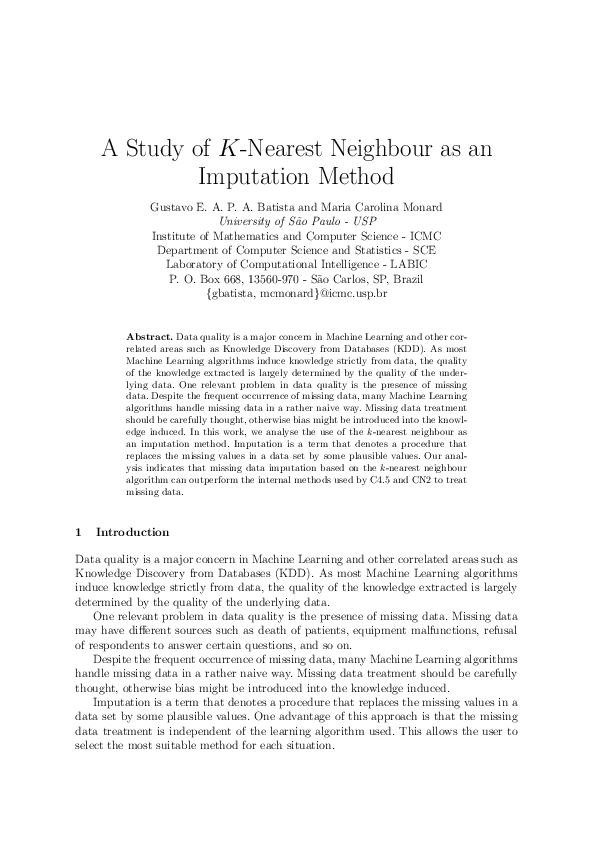(PDF) A Study of K-Nearest Neighbour as an Imputation Method