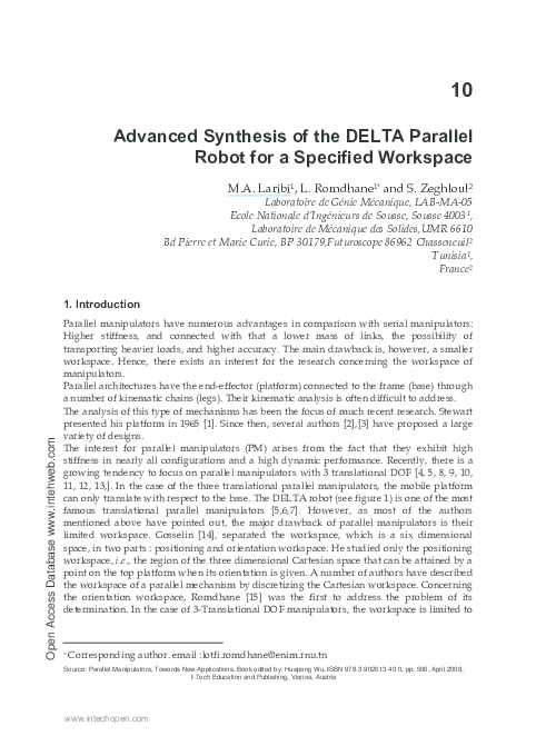 Pdf Advanced Synthesis Of The Delta Parallel Robot For A Specified Workspace