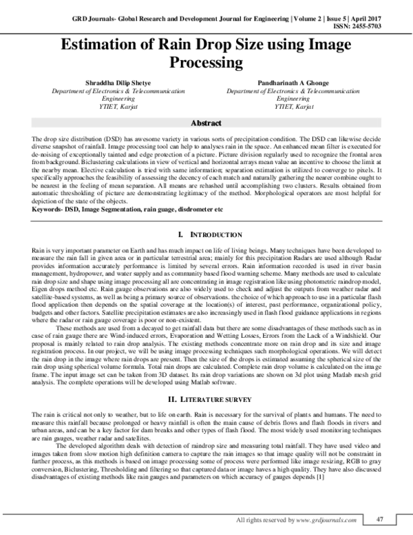 (PDF) Estimation of Rain Drop Size using Image Processing