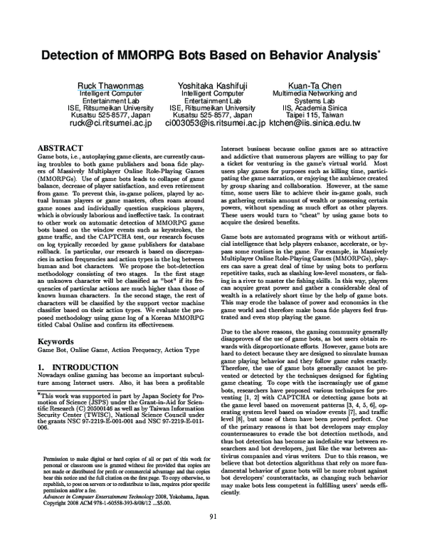 (PDF) Detection of MMORPG bots based on behavior analysis