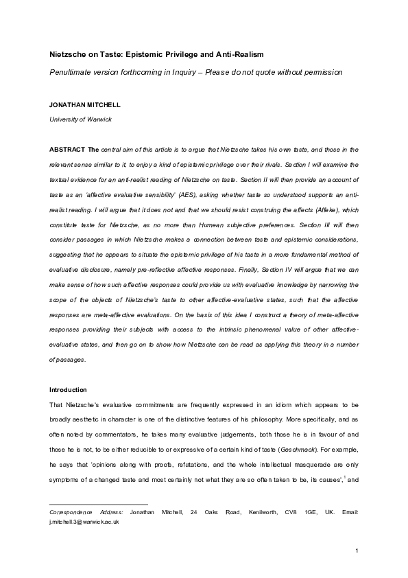 Nietzsche on taste: epistemic privilege and anti-realism