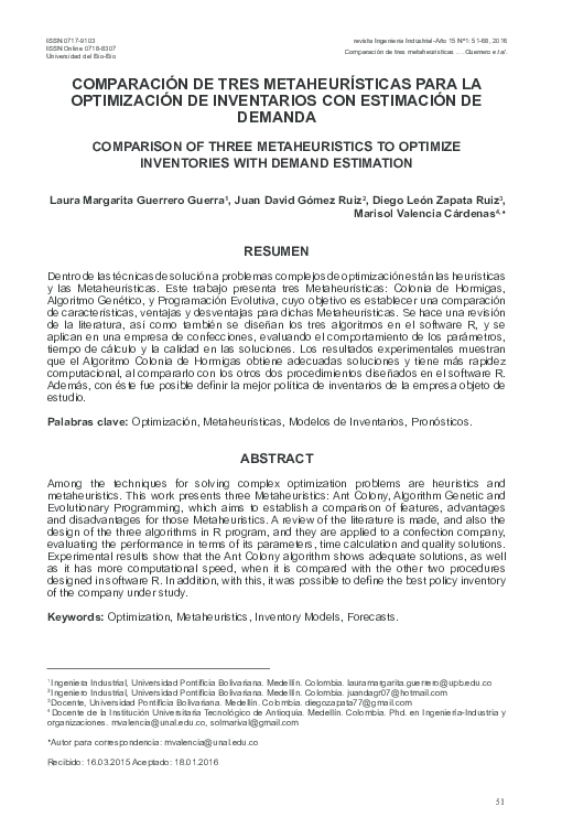(PDF) COMPARACIÓN DE TRES METAHEURÍSTICAS PARA LA OPTIMIZACIÓN DE INVENTARIOS CON ESTIMACIÓN DE ...