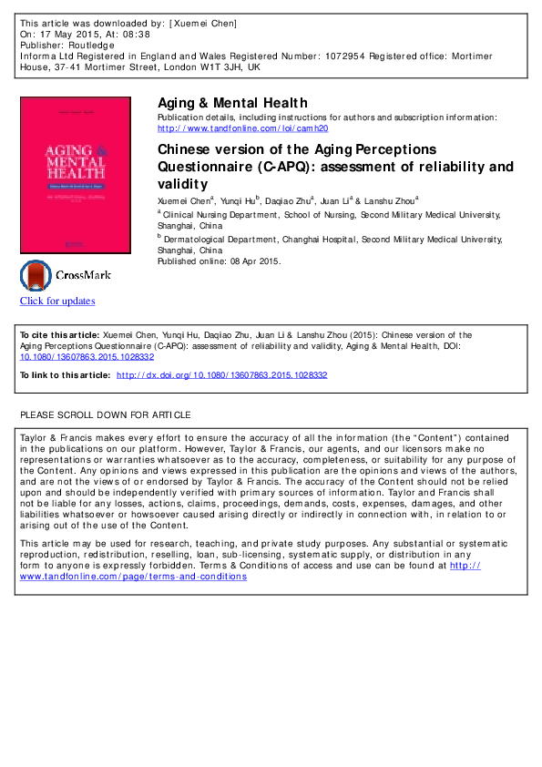 (PDF) Aging & Mental Health Chinese version of the Aging Perceptions ...