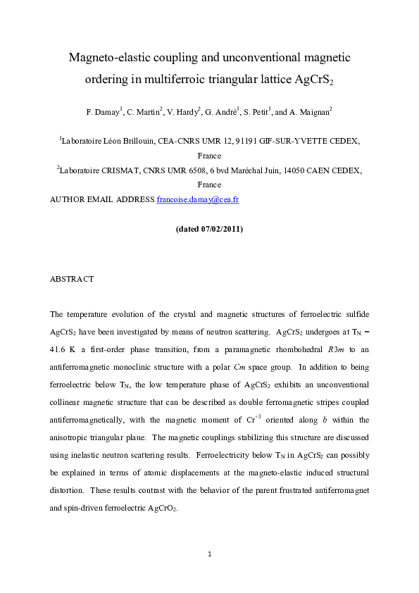 (PDF) Magnetoelastic coupling and unconventional magnetic ordering in triangular multiferroic AgCrS2