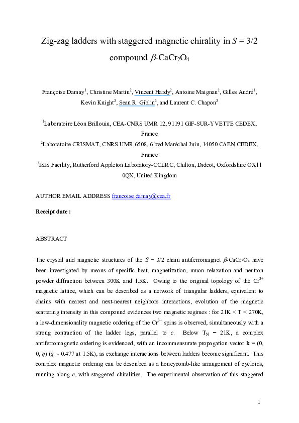 (PDF) Zigzag ladders with staggered magnetic chirality in the S=3/2 compound β-CaCr_{2}O_{4}