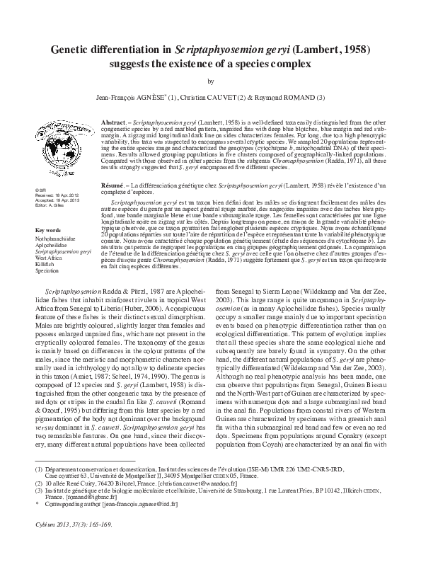 (PDF) Genetic differentiation in Scriptaphyosemion geryi (Lambert, 1958 ...