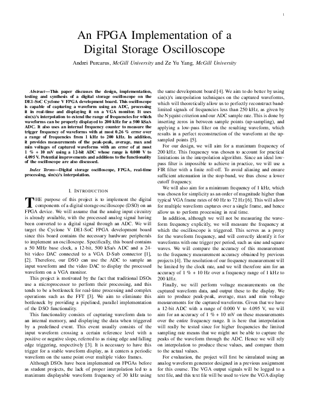 (PDF) An FPGA Implementation of a Digital Storage Oscilloscope