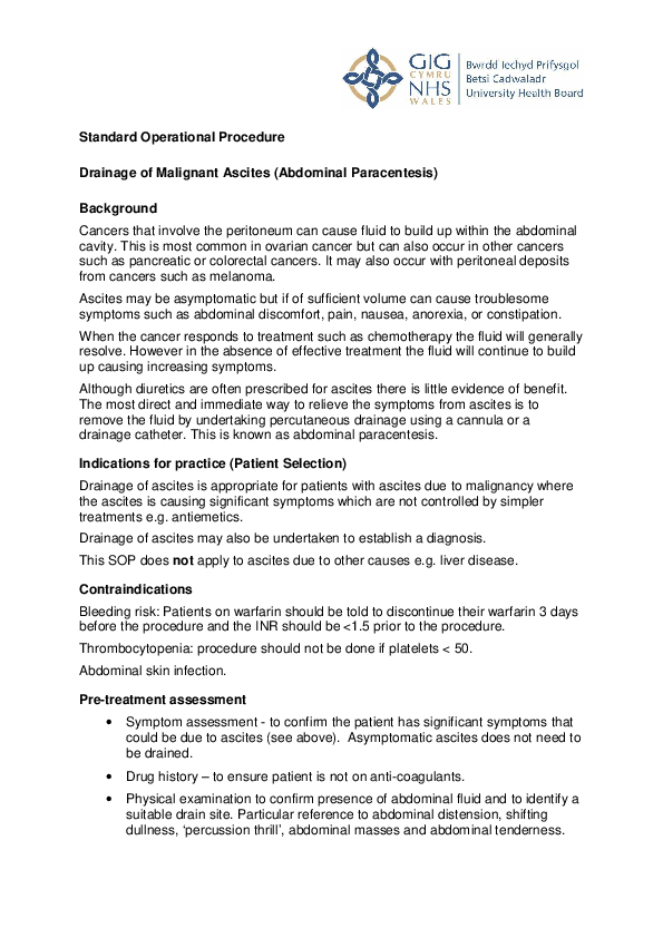 (PDF) Standard Operational Procedure Drainage of Malignant Ascites ...