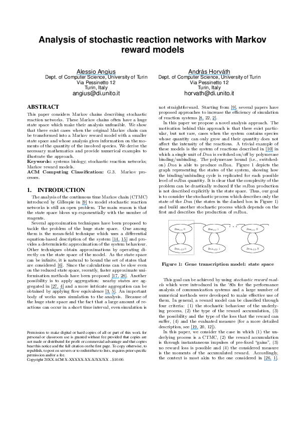Pdf Analysis Of Stochastic Reaction Networks With Markov Reward Models