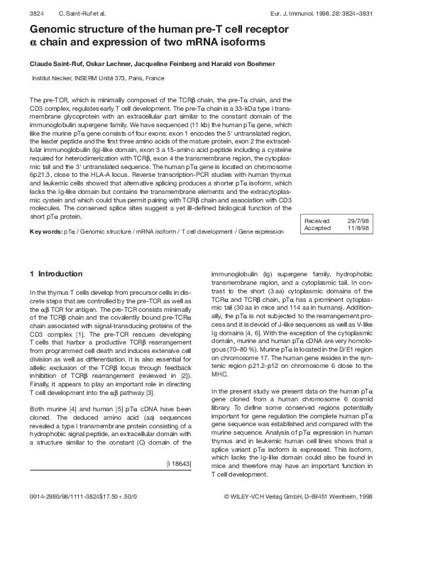 (PDF) Genomic structure of the human pre-T cell receptor α chain and ...