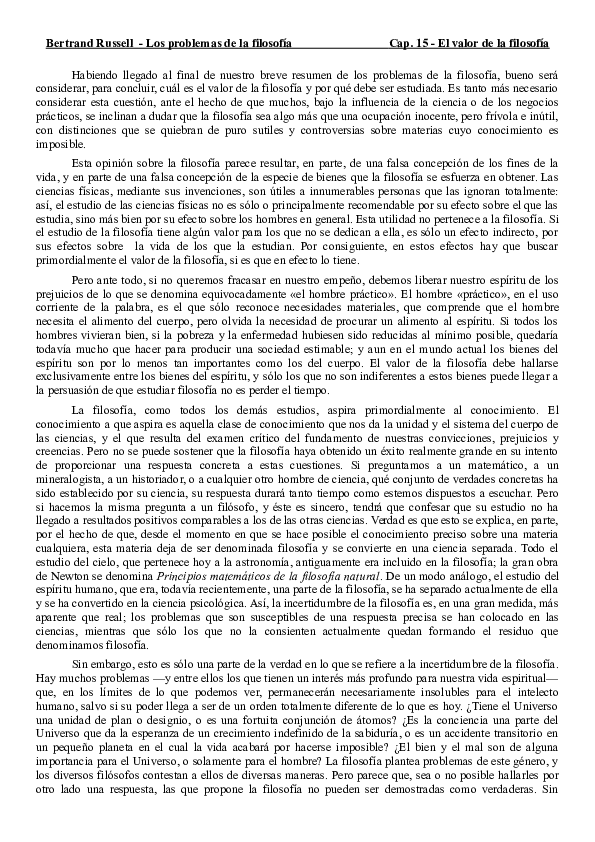 (DOC) Bertrand Russell -Los problemas de la filosofía Cap. 15 -El valor ...