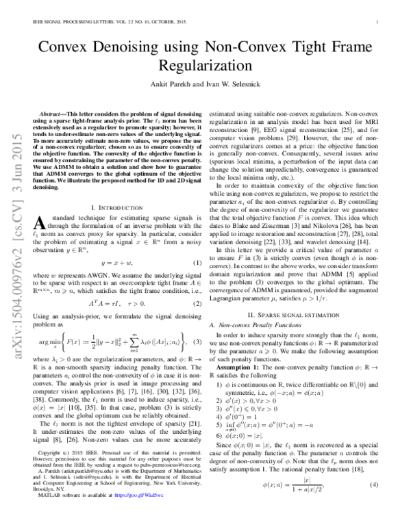 Pdf Convex Denoising Using Non Convex Tight Frame Regularization
