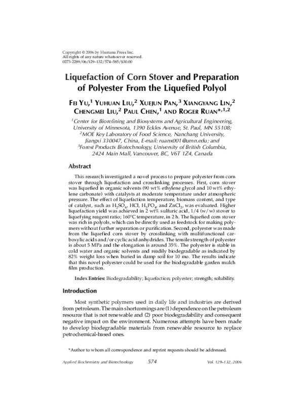 (PDF) Liquefaction of Corn Stover and Preparation of Polyester From the ...