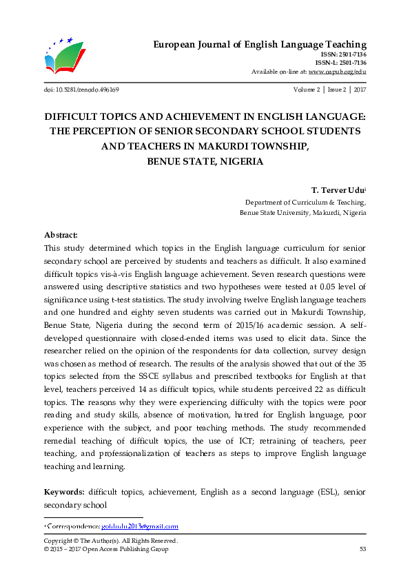 (PDF) DIFFICULT TOPICS AND ACHIEVEMENT IN ENGLISH LANGUAGE: THE ...