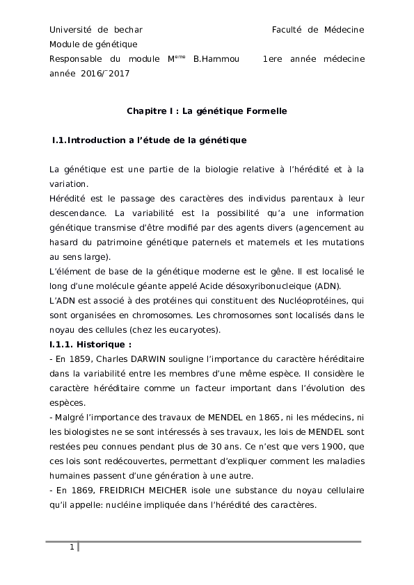(DOC) Chapitre I : La génétique Formelle