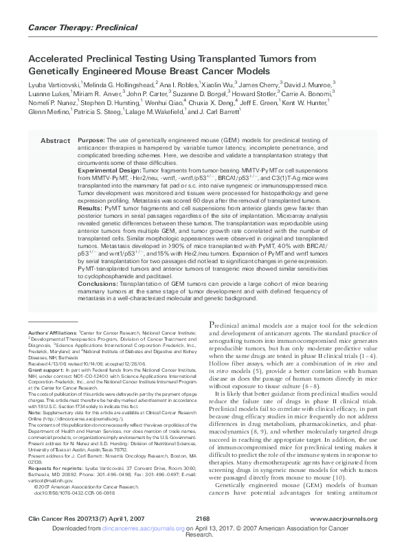(PDF) Accelerated Preclinical Testing Using Transplanted Tumors from ...