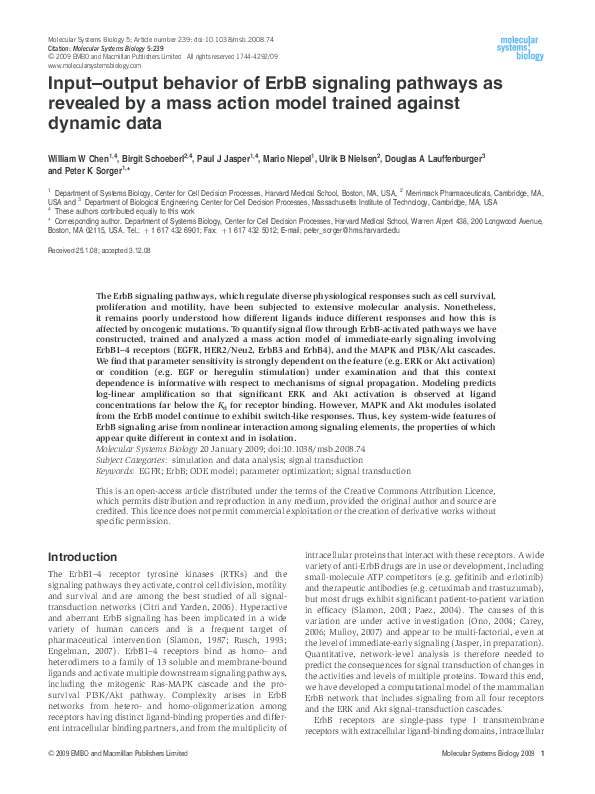 (PDF) Input–output behavior of ErbB signaling pathways as revealed by a mass action model ...