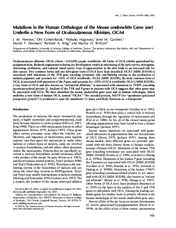 (PDF) Mutations in the Human Orthologue of the Mouse underwhite Gene ...