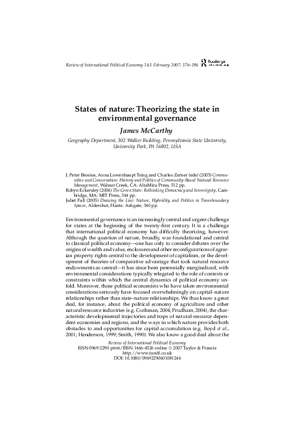 (PDF) States of nature: Theorizing the state in environmental governance