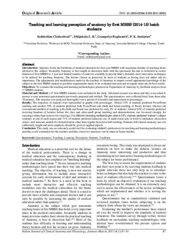 (PDF) Teaching and learning perception of anatomy by first MBBS (2014 ...