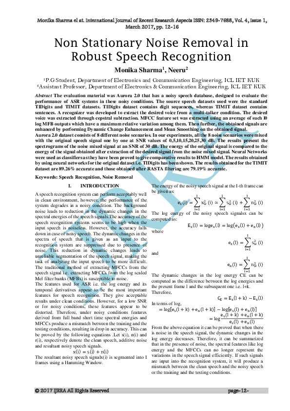 (PDF) Non Stationary Noise Removal in Robust Speech Recognition