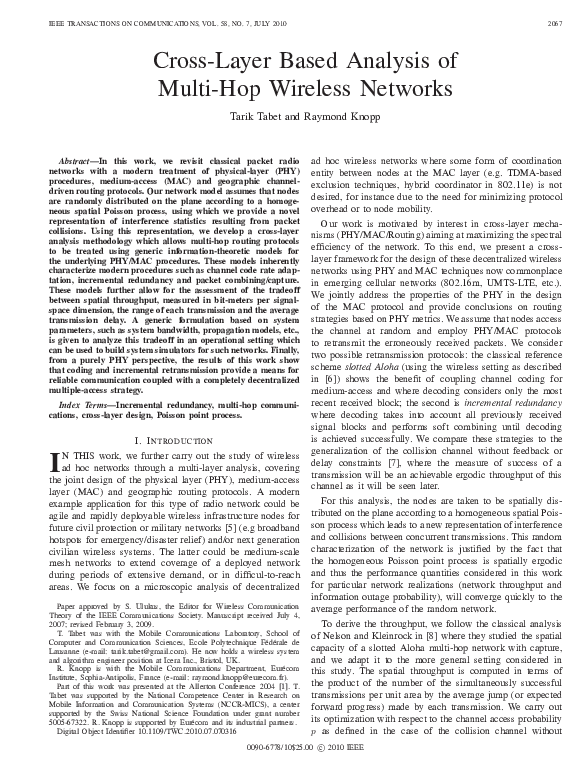 (PDF) Cross-Layer Based Analysis of Multi-Hop Wireless Networks